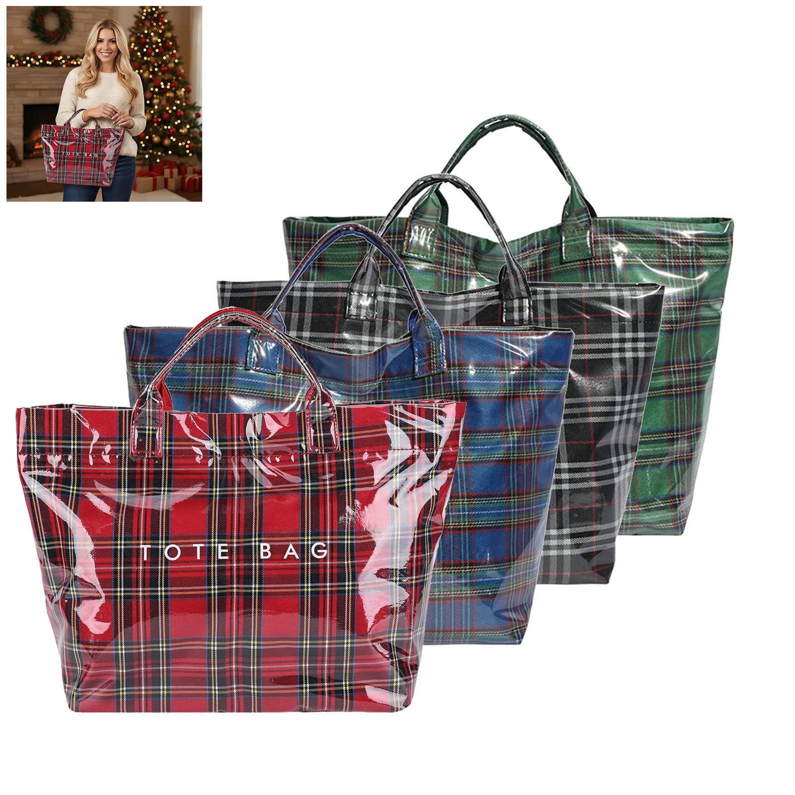 Bags Checkered Waterproof PVC Tote Bag with Letters Print Plastic ...