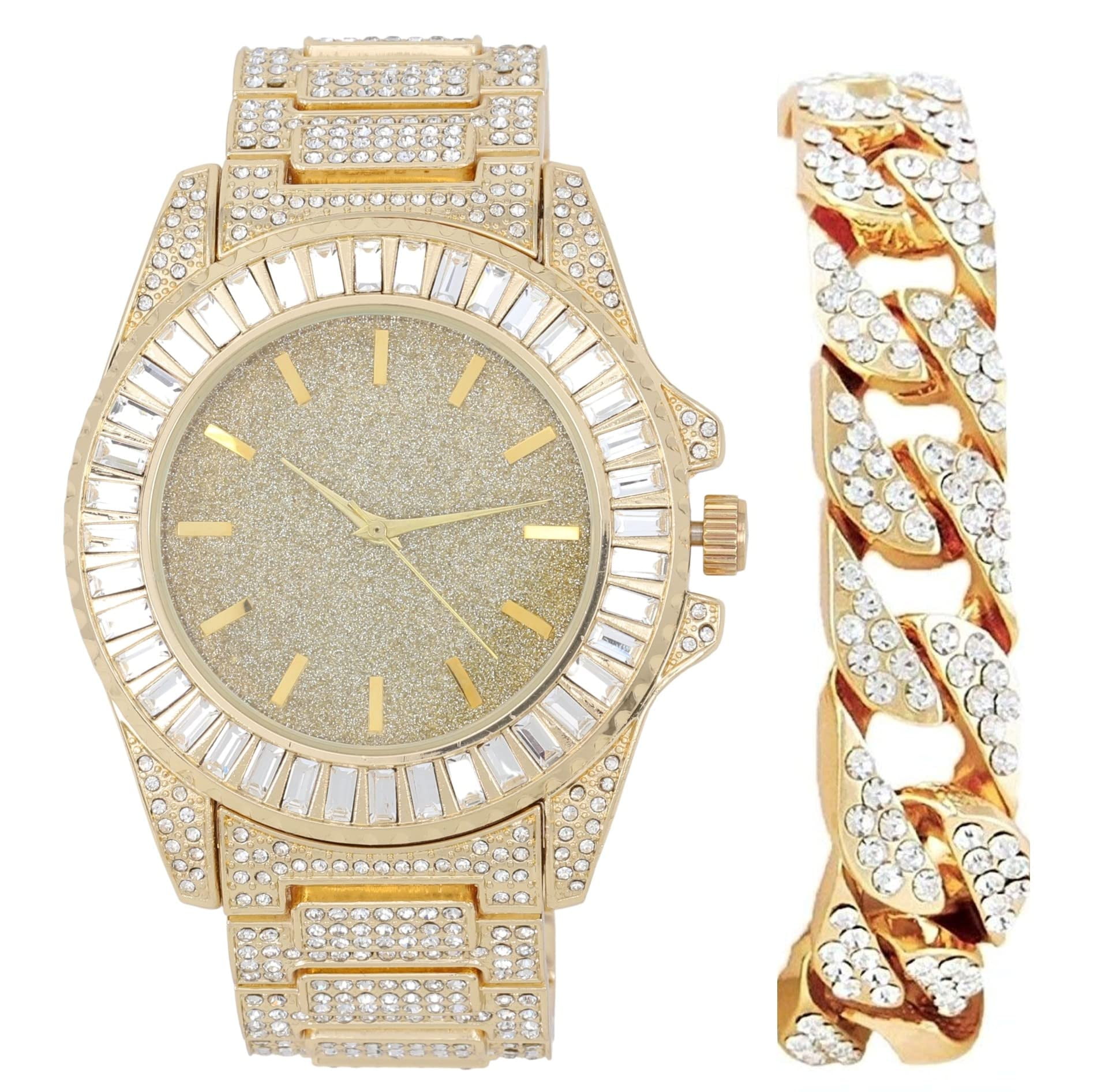 Baguette Cut Diamond Crystal Bling'ed Out Mens Watch Miami Iced Out Cuban Bracelet - No ...