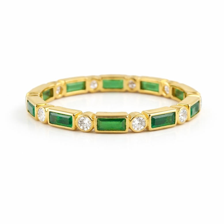 Baguette Cut Emerald & Diamond Eternity Band Ring, Matching Band Ring ...