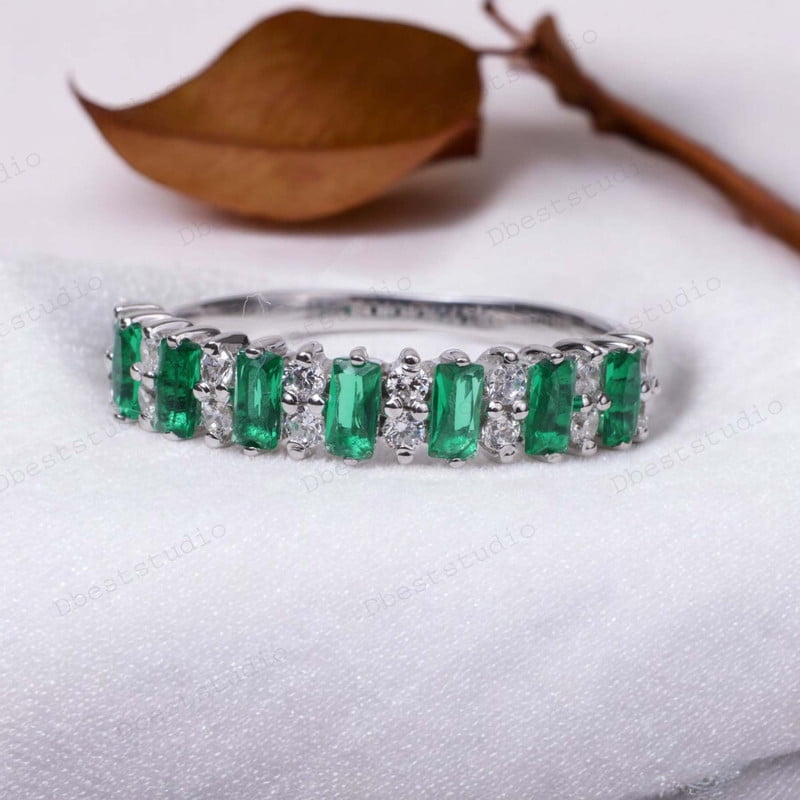 Baguette Cut Emerald Proposal Band Women Half Eternity Stackable Band ...