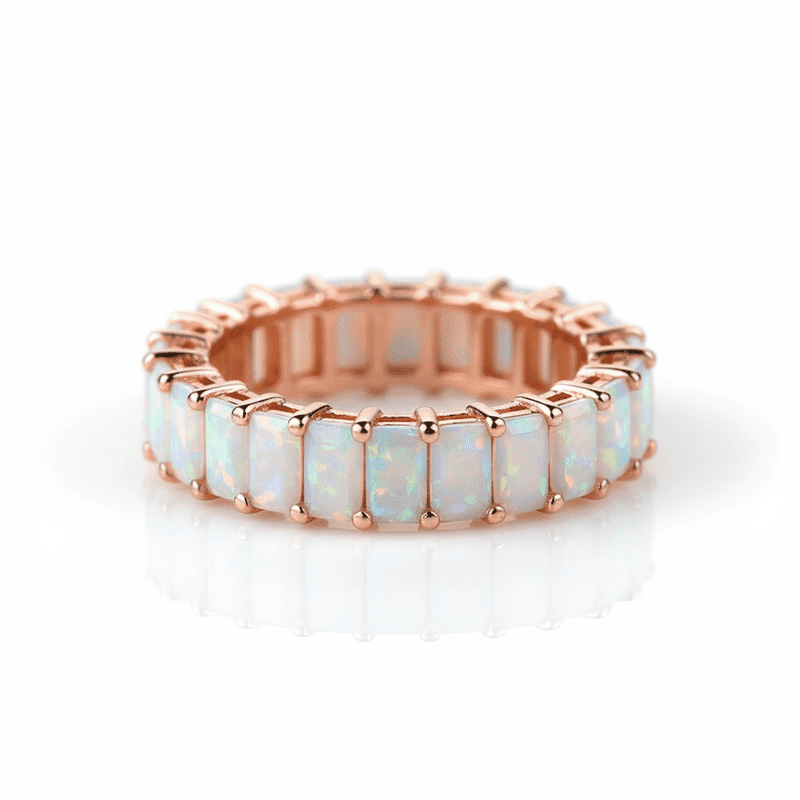 Baguette Cut Fire Opal Wedding Band Full Eternity Ring, Unique Stacking Band, October Birthstone ...