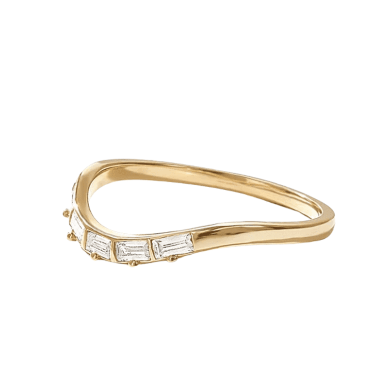 Baguette Diamond Curved Wedding Band in 14K Yellow Gold Vermeil- Stacking Diamond Ring for ...