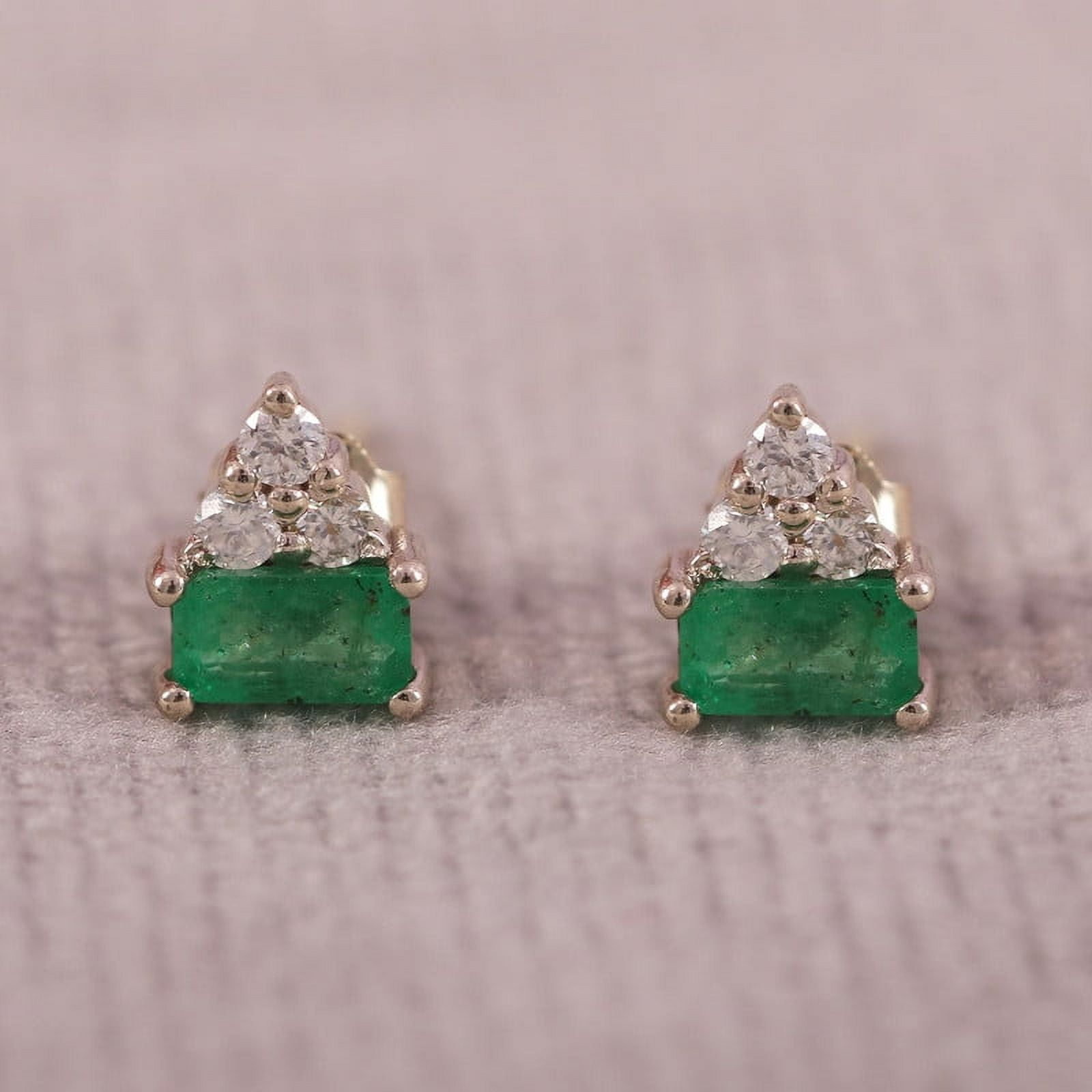 Baguette Emerald & Trio Diamonds Stud Earrings, 925 Starling Silver ...