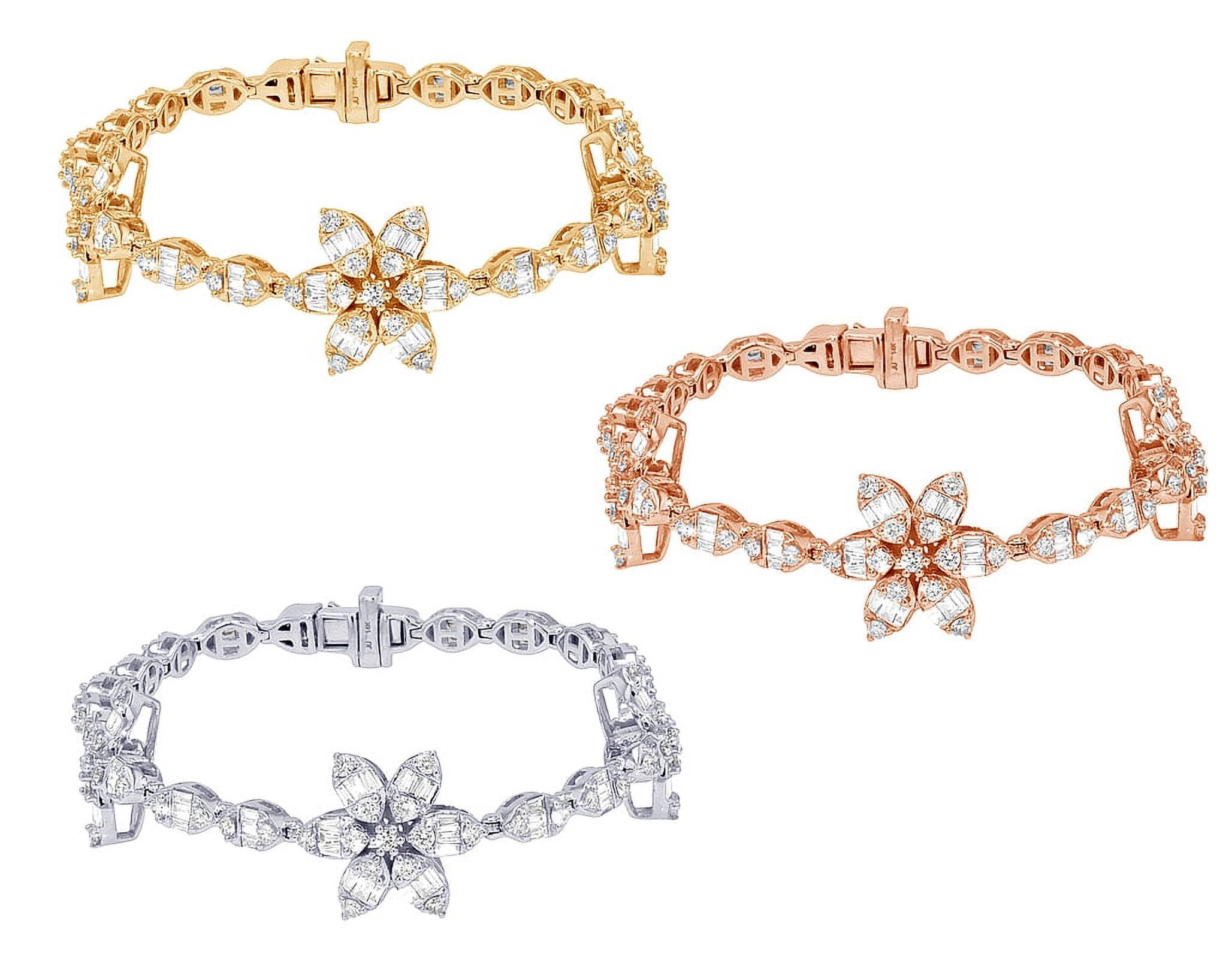 Baguette Flower Petals Cluster 3.20 CT Diamond Link Bracelet 14K Yellow ...