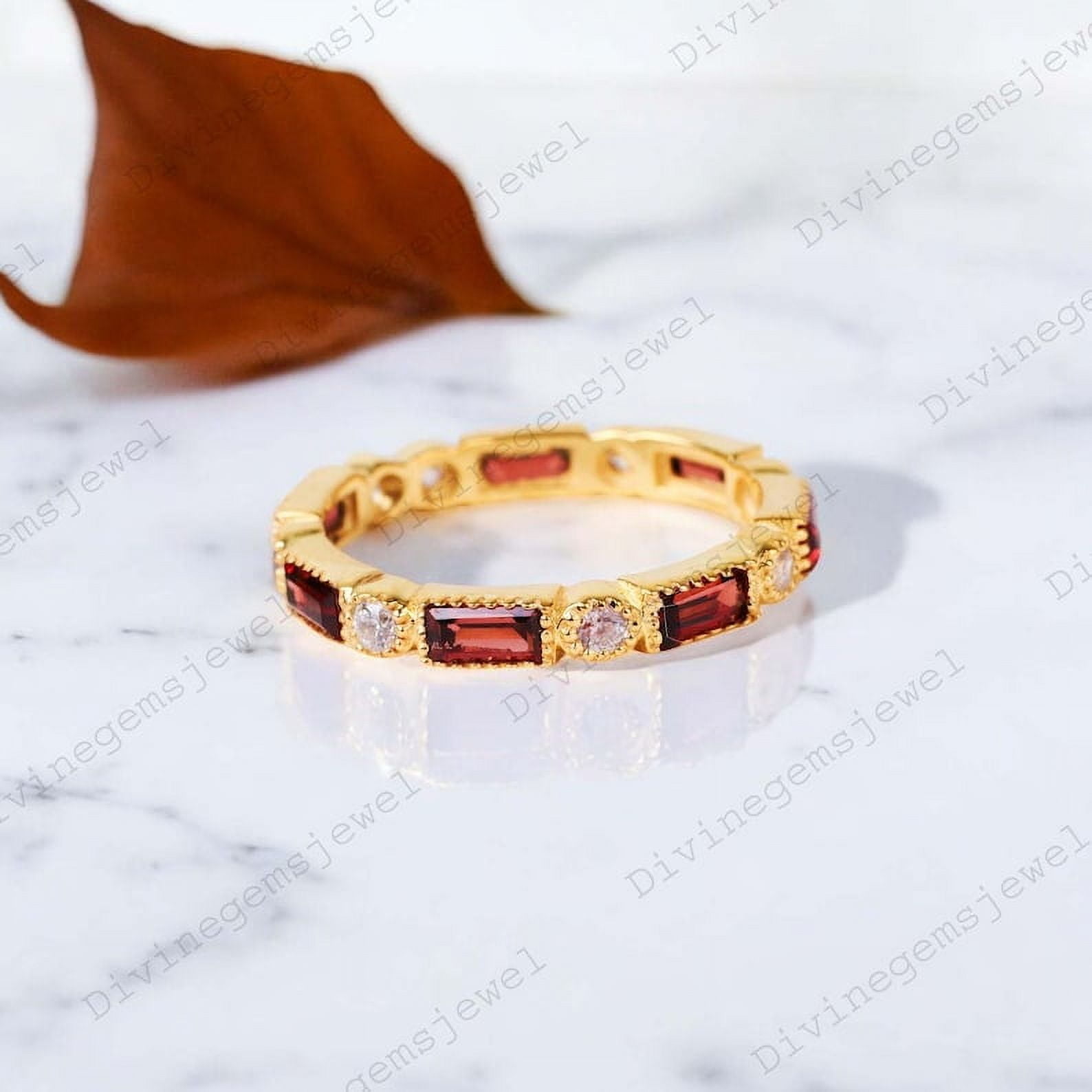 Baguette Garnet Wedding Band 14k Gold Bridesmaid Jewelry Dainty Diamond ...
