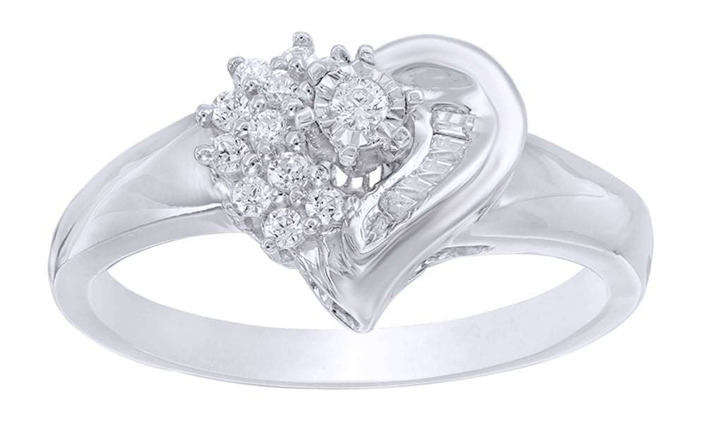 AFFY Baguette & Round Natural Diamond Heart Promise Ring in 10k White ...
