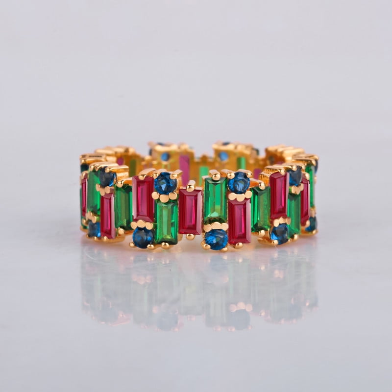 Baguette Ruby & Emerald Gemstone Ring, Three Gemstone Full Etertnity ...