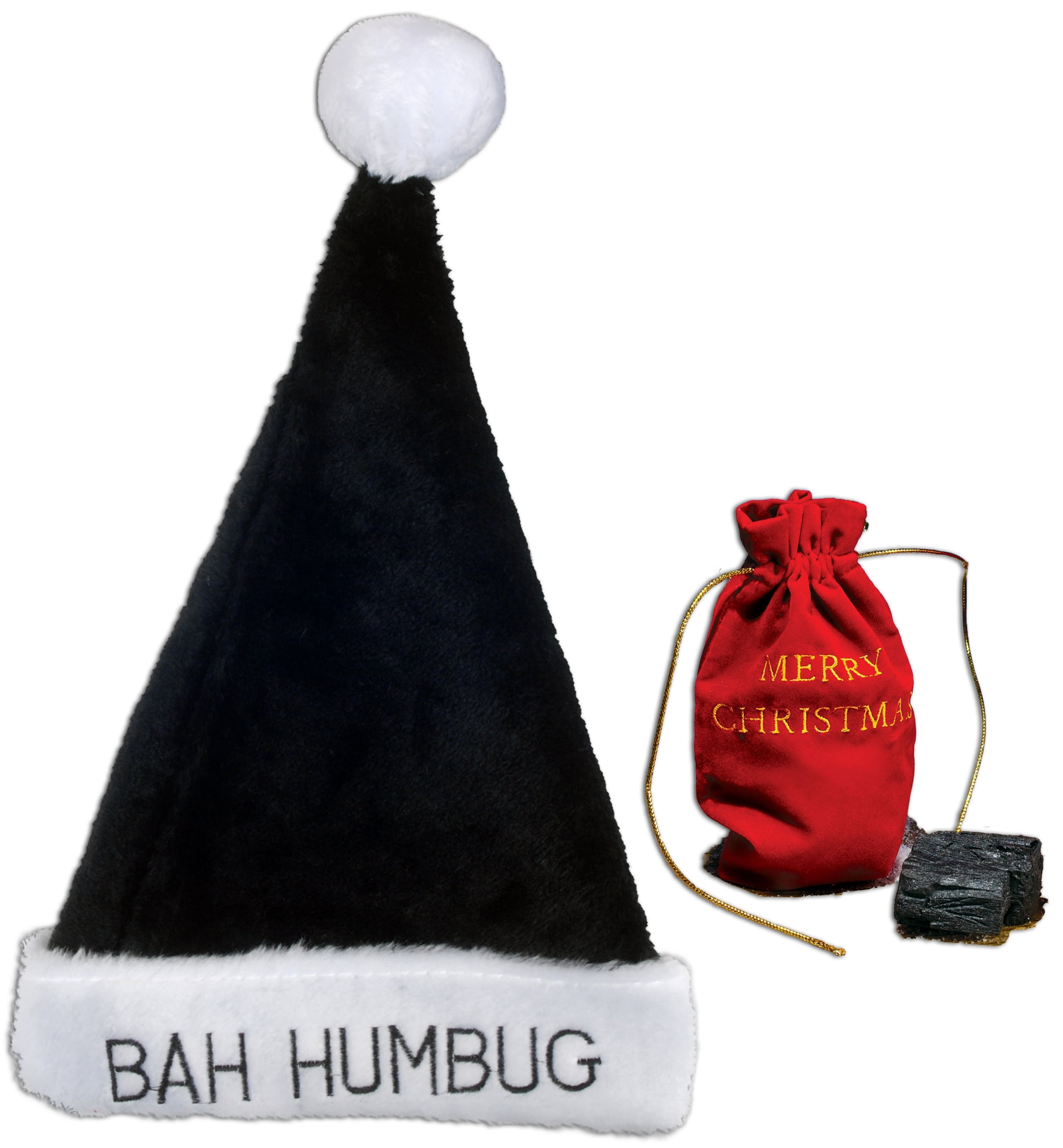 Bah Humbug Plush Black Santa Hat (Adult 22.5" Cir) & Bag Of Coal 4pc ...
