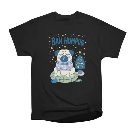 Bah Humpug Funny Grumpy Christmas Dog Illustration T-Shirt Tee Gift For ...