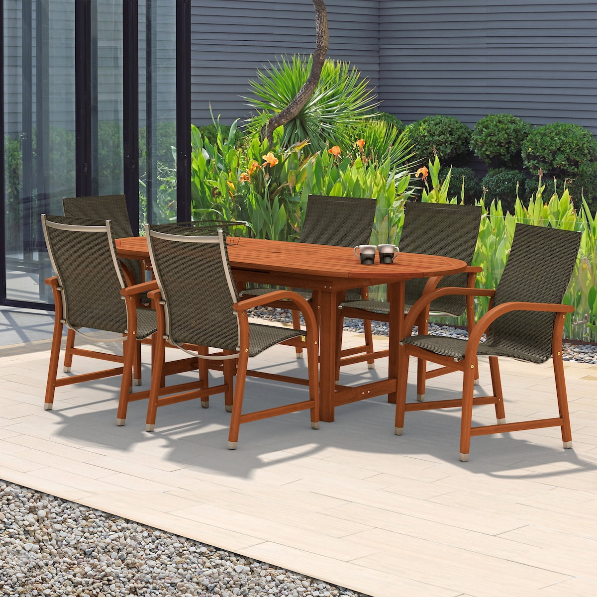 Bahamas 7-Piece Extendable Oval Patio Dining Set, Eucalyptus Wood ...