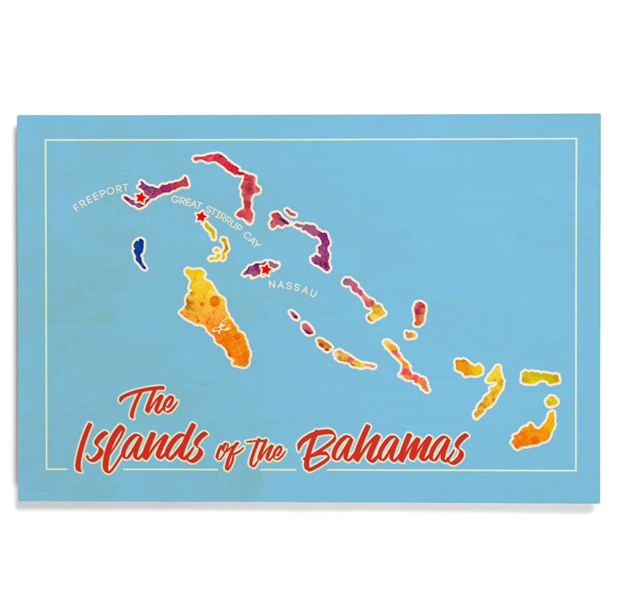Bahamas, Colorful Map of the Islands Islands Birch Wood Wall Sign ...