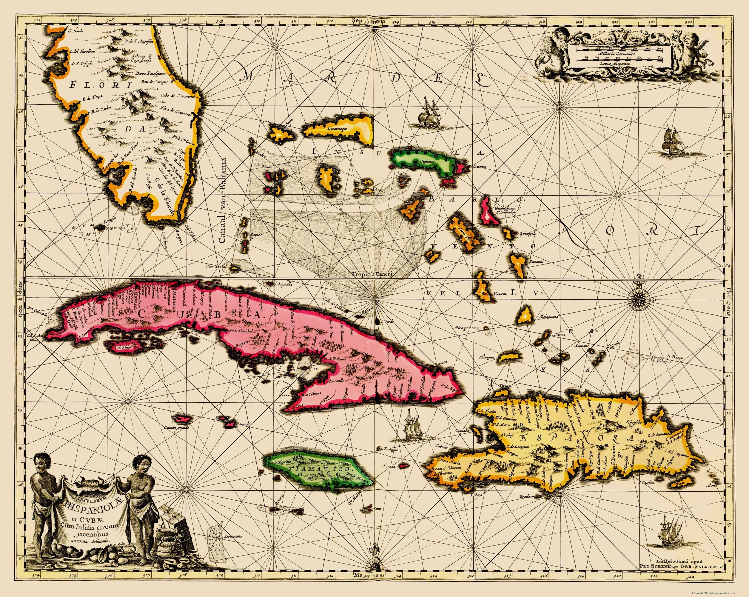 Historic Nautical Map - Bahamas Cuba Jamaica Sea Chart - Jansson 1650 ...