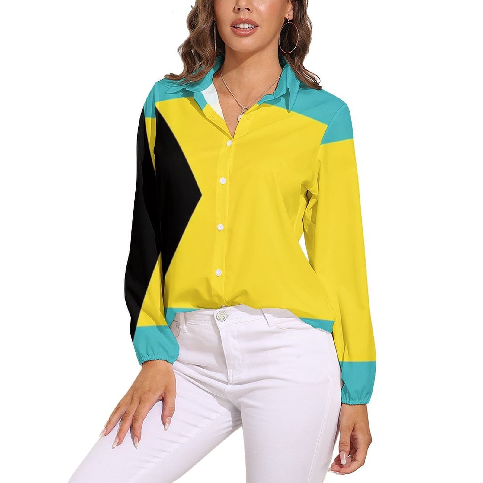 Bahamas Flag Design Vntage Casual Long Sleeve Shirt Blouse Woman ...
