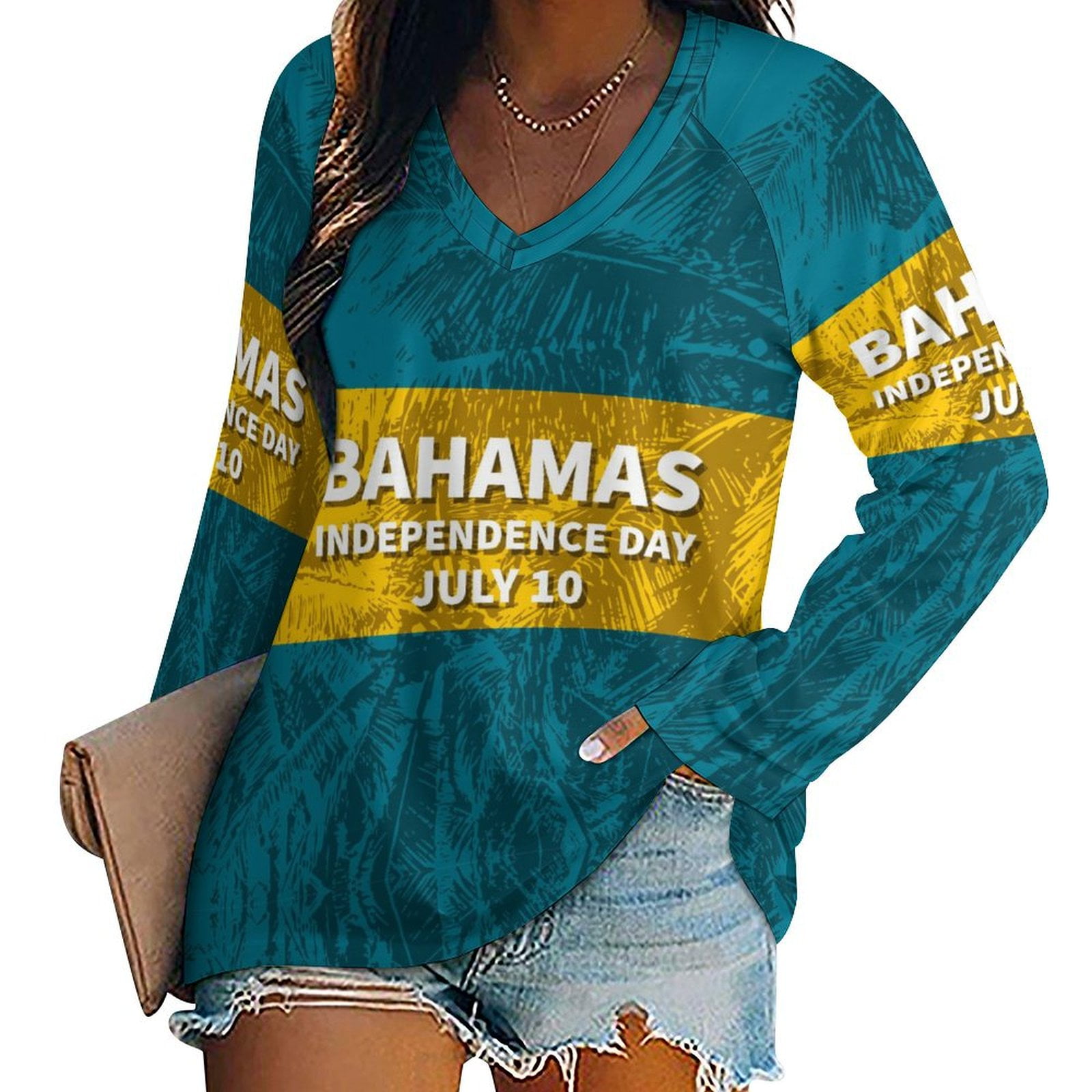 Bahamas Flag Independence Day 2024 Women's Long Sleeve Shirts Casual V ...