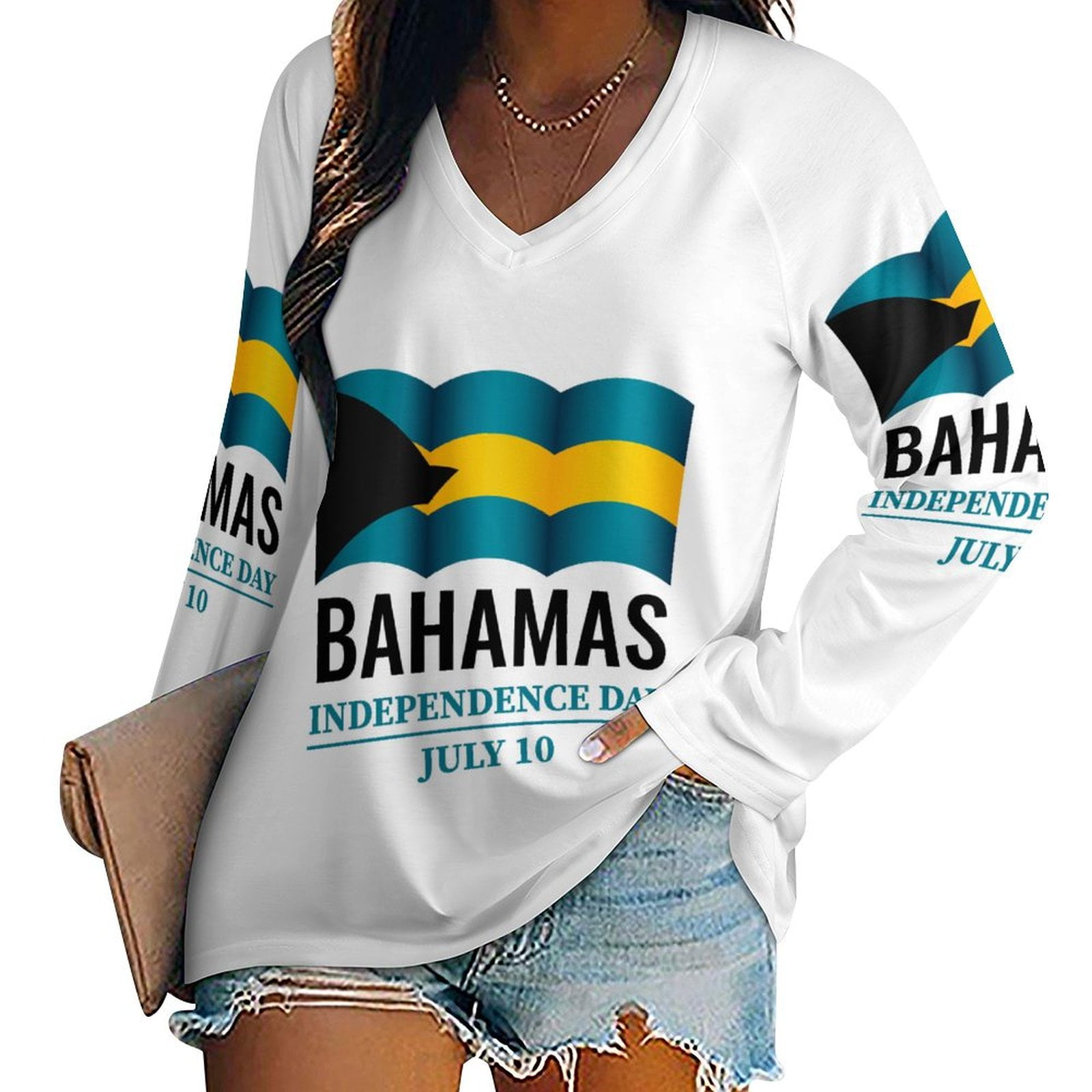 Bahamas Flag Independence Day 2024 Women's Long Sleeve Shirts Casual V ...