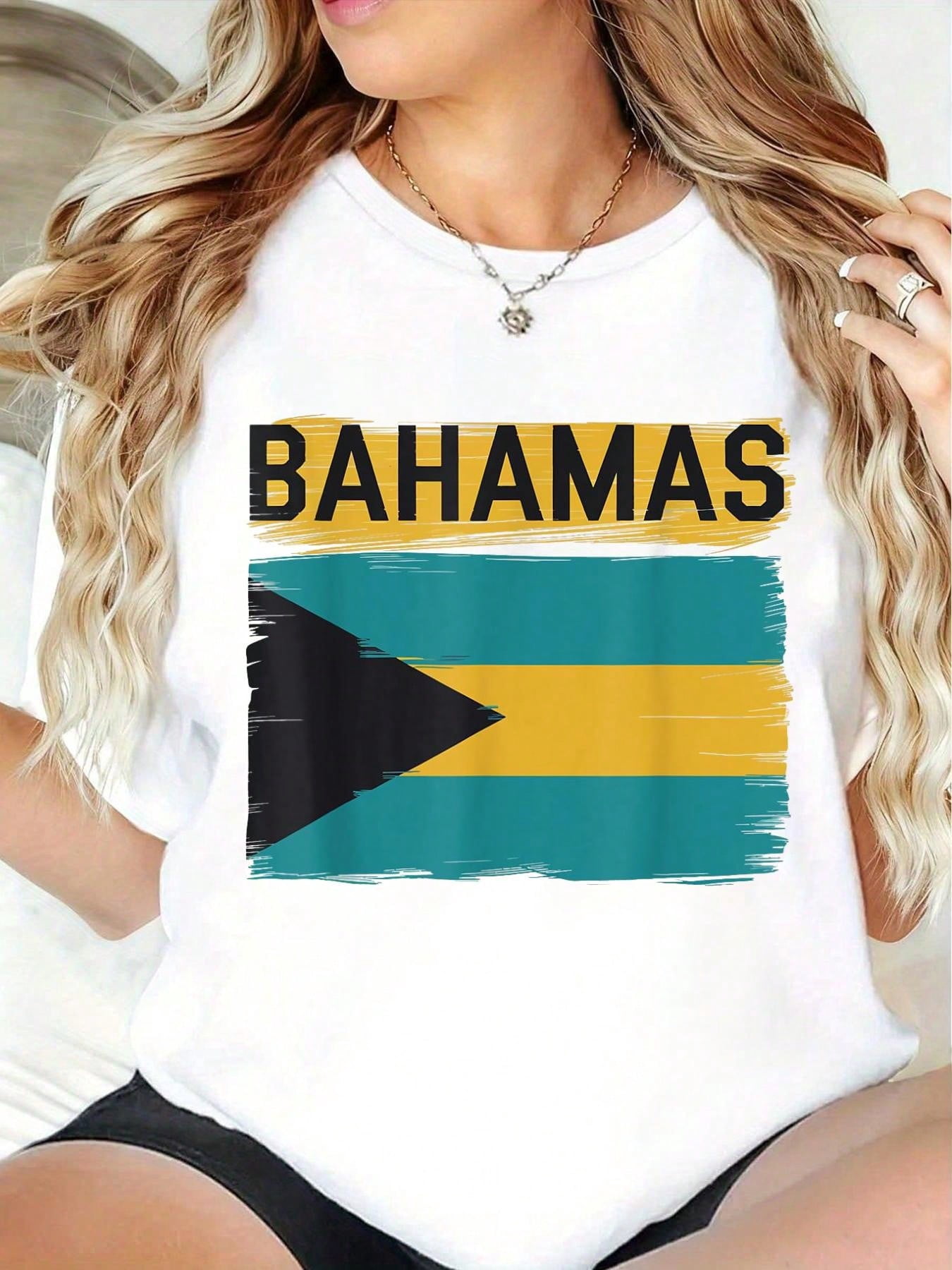 Bahamas Flag Vacation T-Shirt 100%Cotton Funny Graphic Print T-Shirt ...