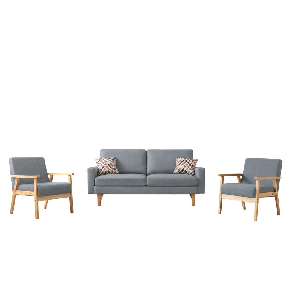 Lilola Home Bahamas Gray Linen Sofa and 2 Chairs with 2 Throw Pillows ...