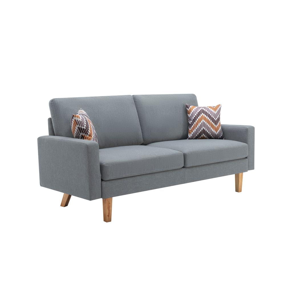 Bahamas Gray Linen Fabric Sofa with Square Arms and 2 Throw Pillows ...