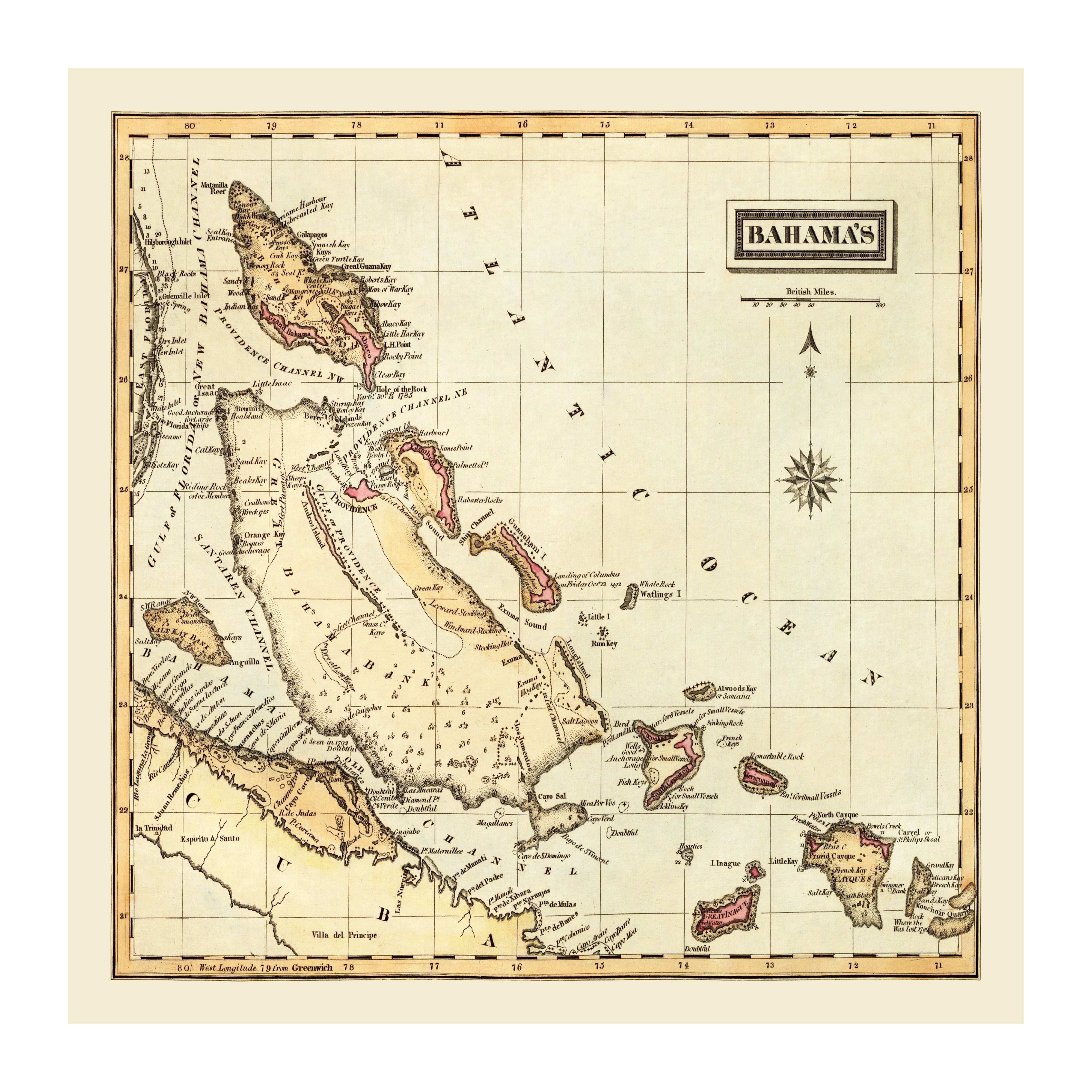 Bahamas Map, 1823 Vintage Map of Bahamas History Wall Decor Gift, Old ...