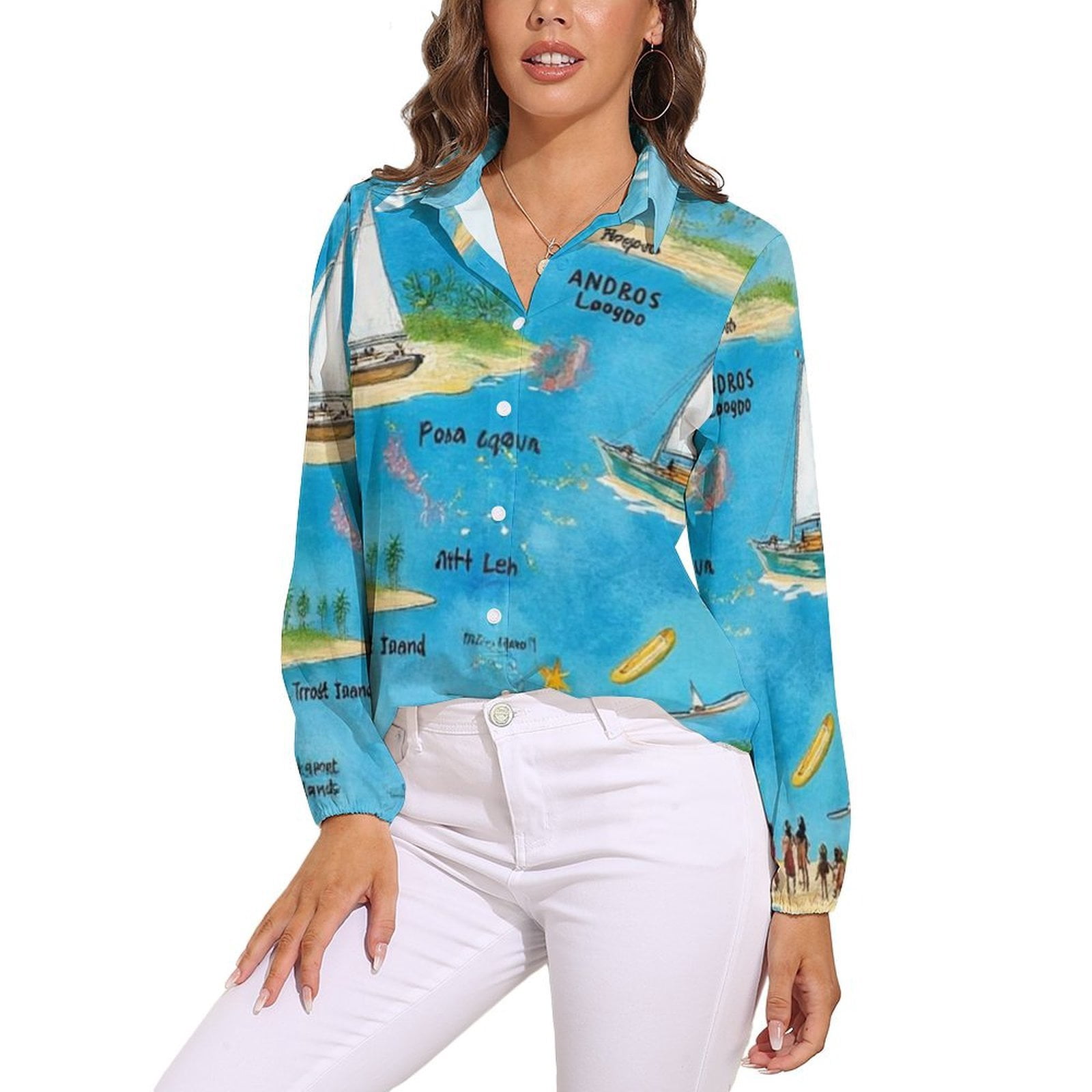 Bahamas Tropical Adventure Map Vntage Casual Long Sleeve Shirt Blouse ...