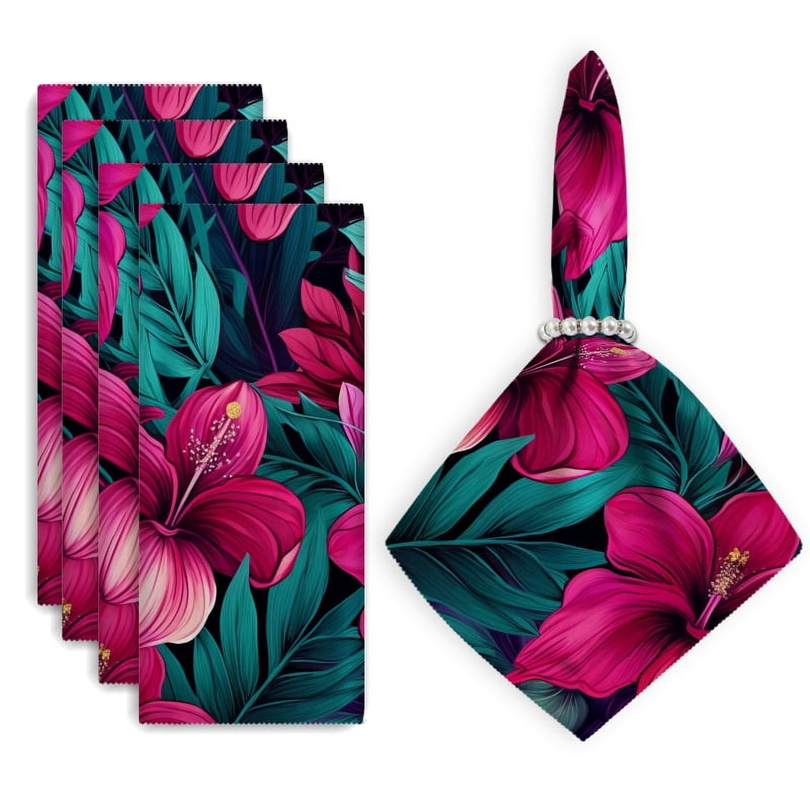 Bahomeck Cloth Napkins Set Of 4 Magenta Hibiscus Flowers And Teal ...