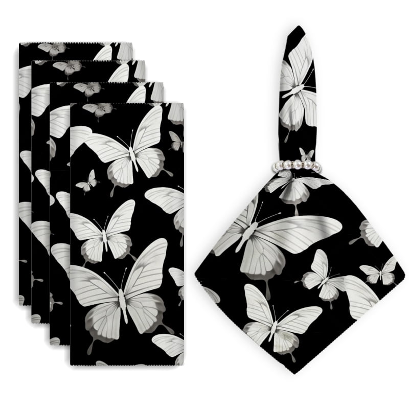 Bahomeck Cloth Napkins Set Of 4 White Butterflies On Black Background ...