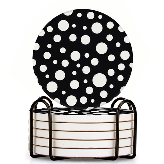 Bahomeck Drink Coasters Set Of 6 With Holder Black And White Polka Dot ...