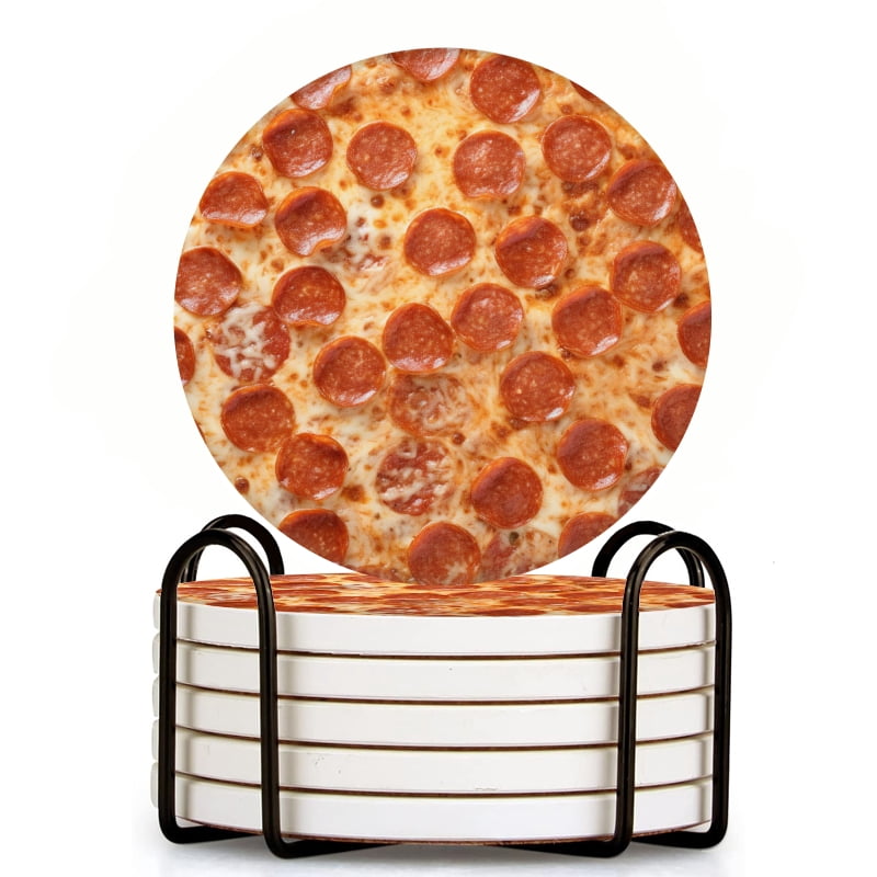 Bahomeck Drink Coasters Set Of 6 With Holder Delicious Pepperoni Pizza ...