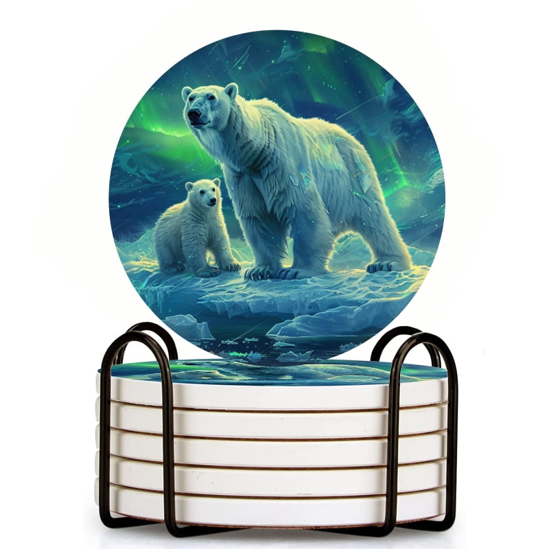 Bahomeck Drink Coasters Set Of 6 With Holder Majestic Polar Bear And ...
