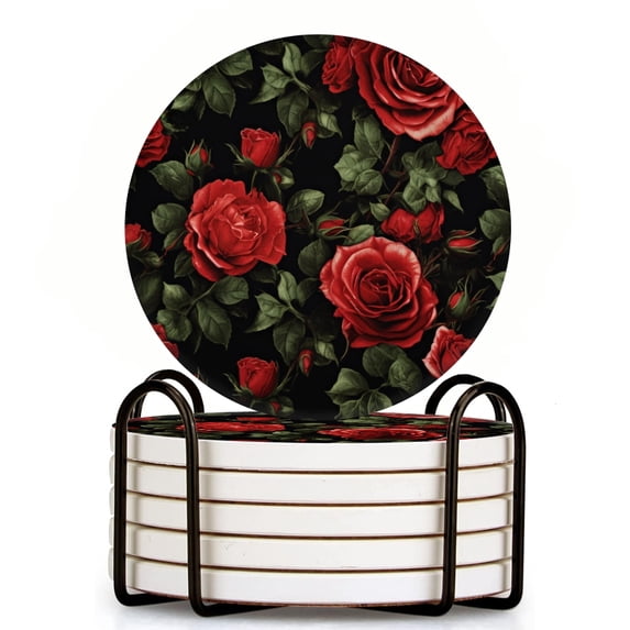 Bahomeck Drink Coasters Set Of 6 With Holder Pattern Of Red Roses With ...
