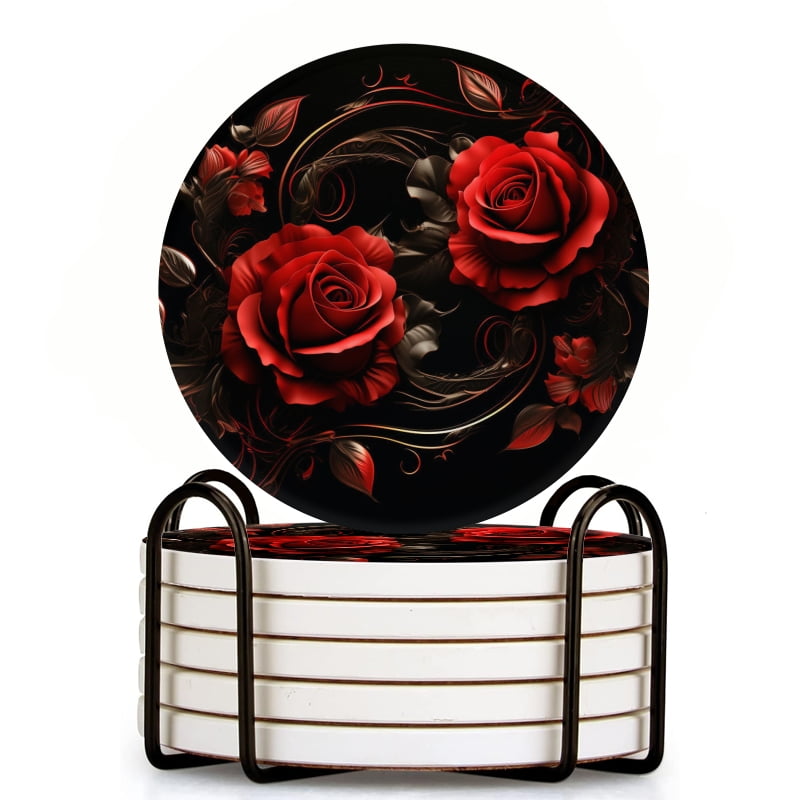 Bahomeck Drink Coasters Set Of 6 With Holder Render Of Red Roses With ...
