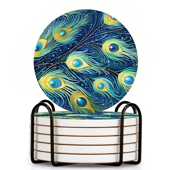 Bahomeck Drink Coasters Set Of 6 With Holder Vibrant Pattern Of Peacock ...