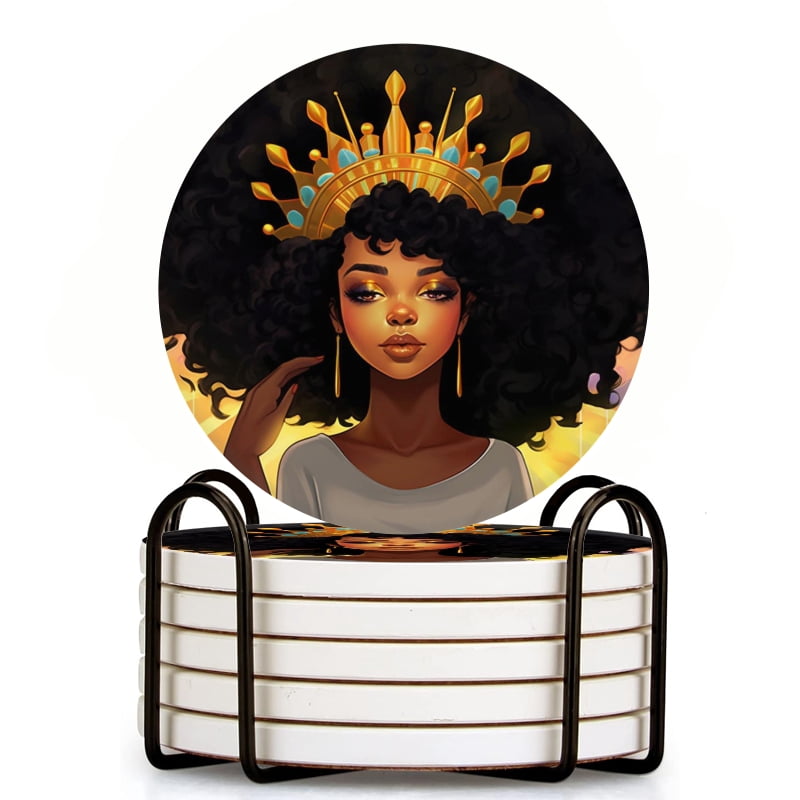 Bahomeck Drink Coasters Set Of 6 With Holder Beautiful Black Woman With ...