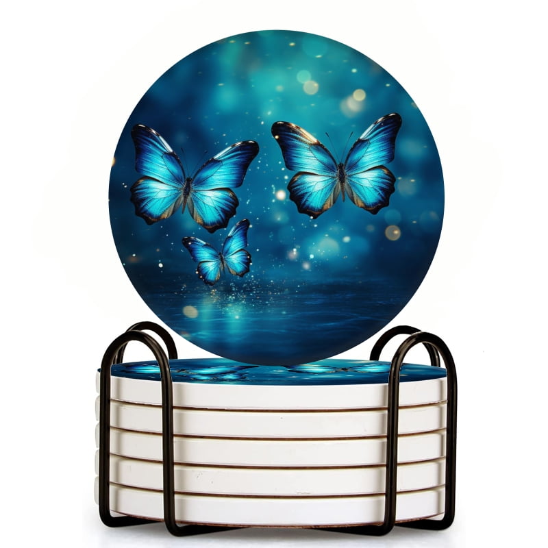 Bahomeck Drink Coasters Set Of 6 With Holder Beautiful Blue Butterflies ...