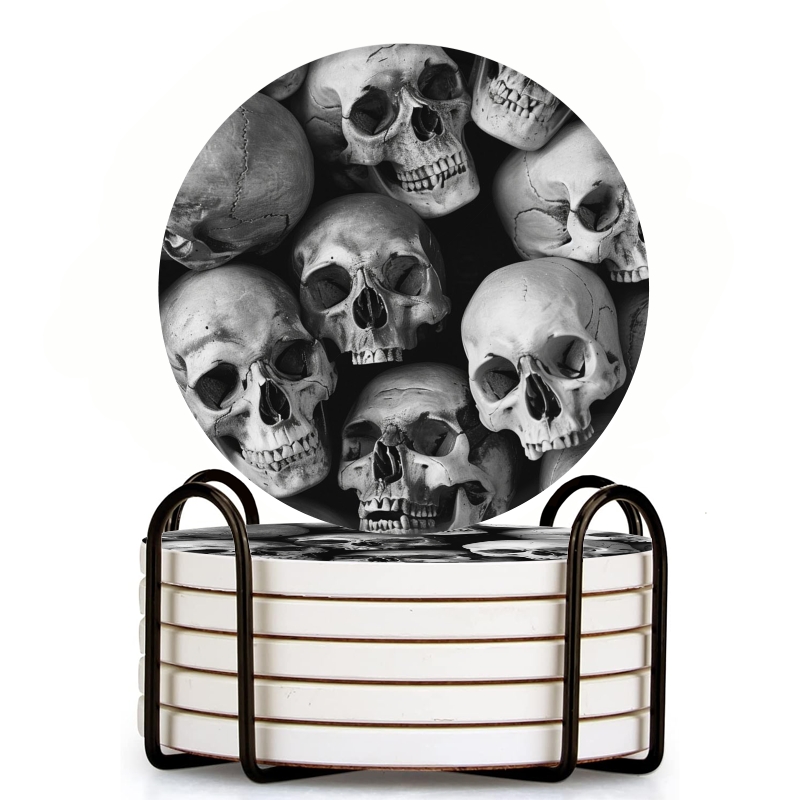 Bahomeck Drink Coasters Set Of 6 With Holder Black-And-White Photograph Of Skulls In Endless ...