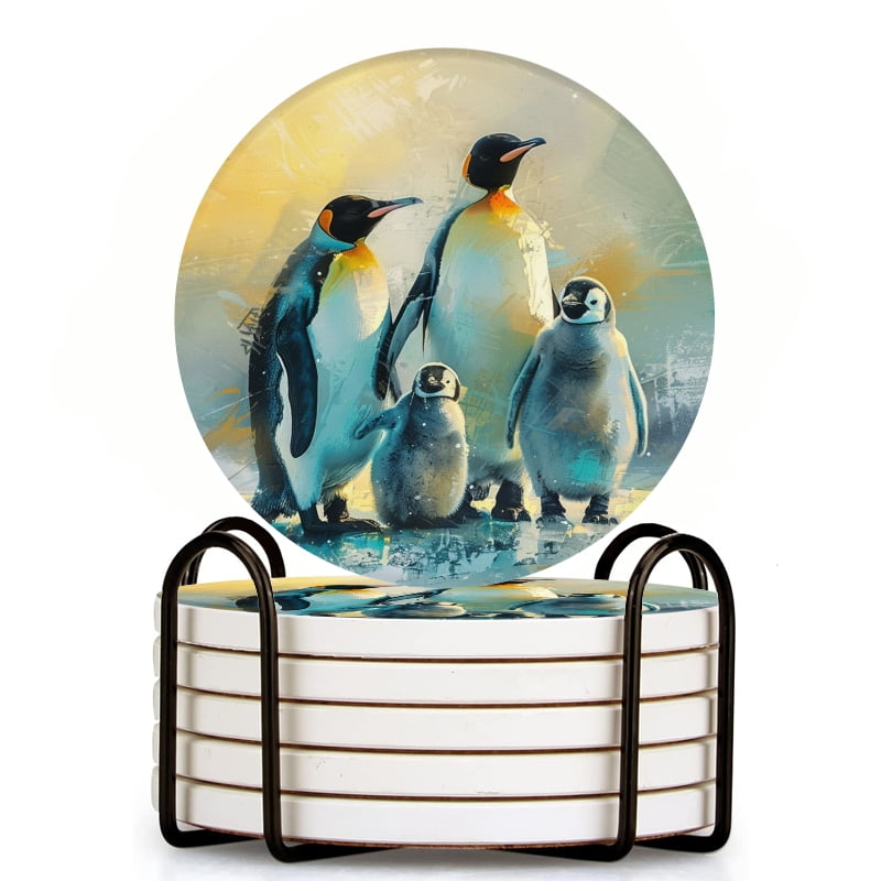 Bahomeck Drink Coasters Set Of 6 With Holder Cute Penguins Family ...