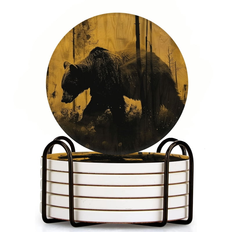 Bahomeck Drink Coasters Set Of 6 With Holder Grizzly Bear Walking ...