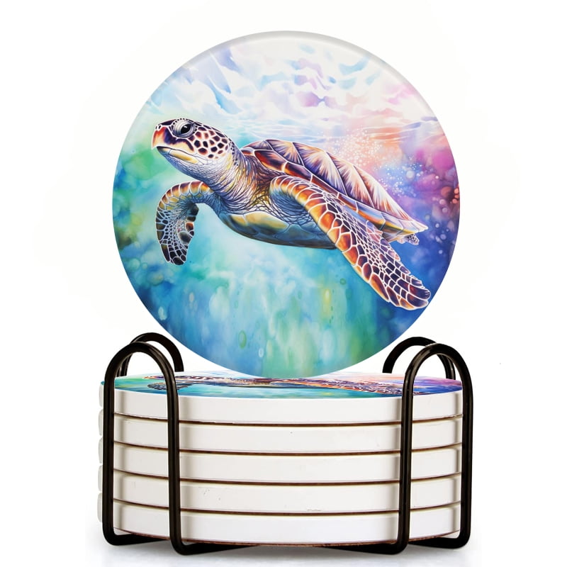 Bahomeck Drink Coasters Set Of 6 With Holder Sea Turtle Ocean Wildlife ...