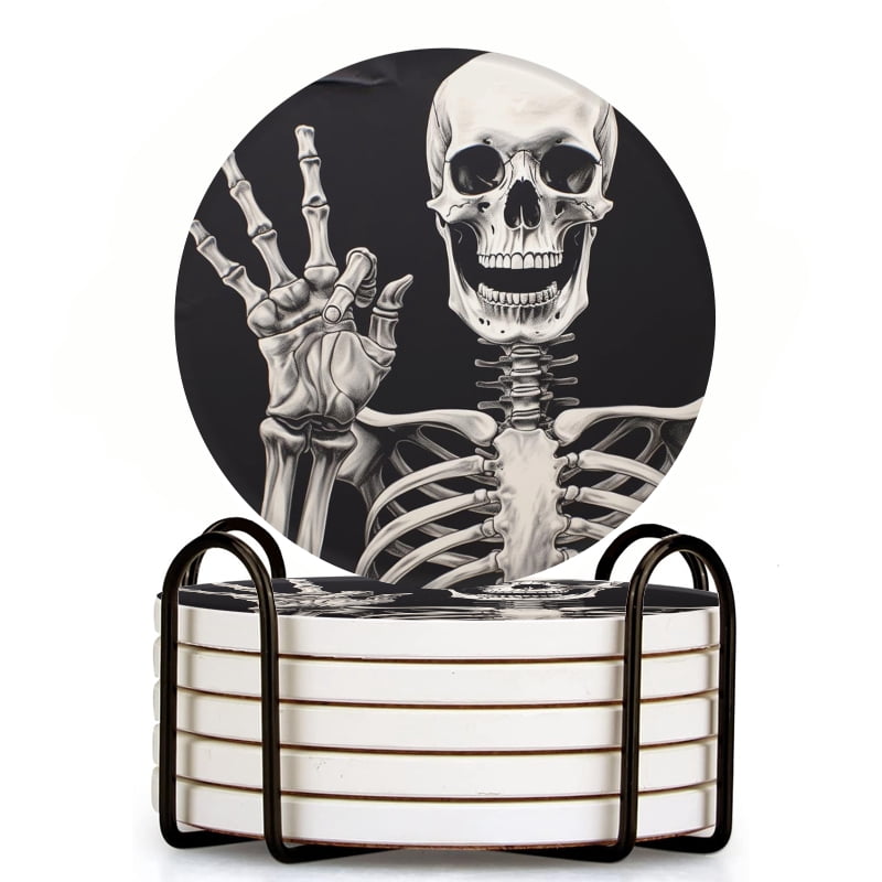 Bahomeck Drink Coasters Set Of 6 With Holder Skeletal Figure With Hand ...
