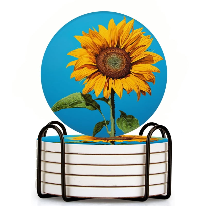 Bahomeck Drink Coasters Set Of 6 With Holder Sunflower Against Blue ...