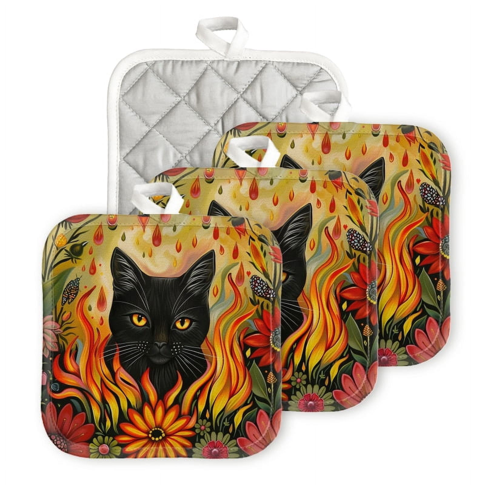 Bahomeck Heat Resistant Hot Pads 4 Pack Black Cat Surrounded By Fire ...