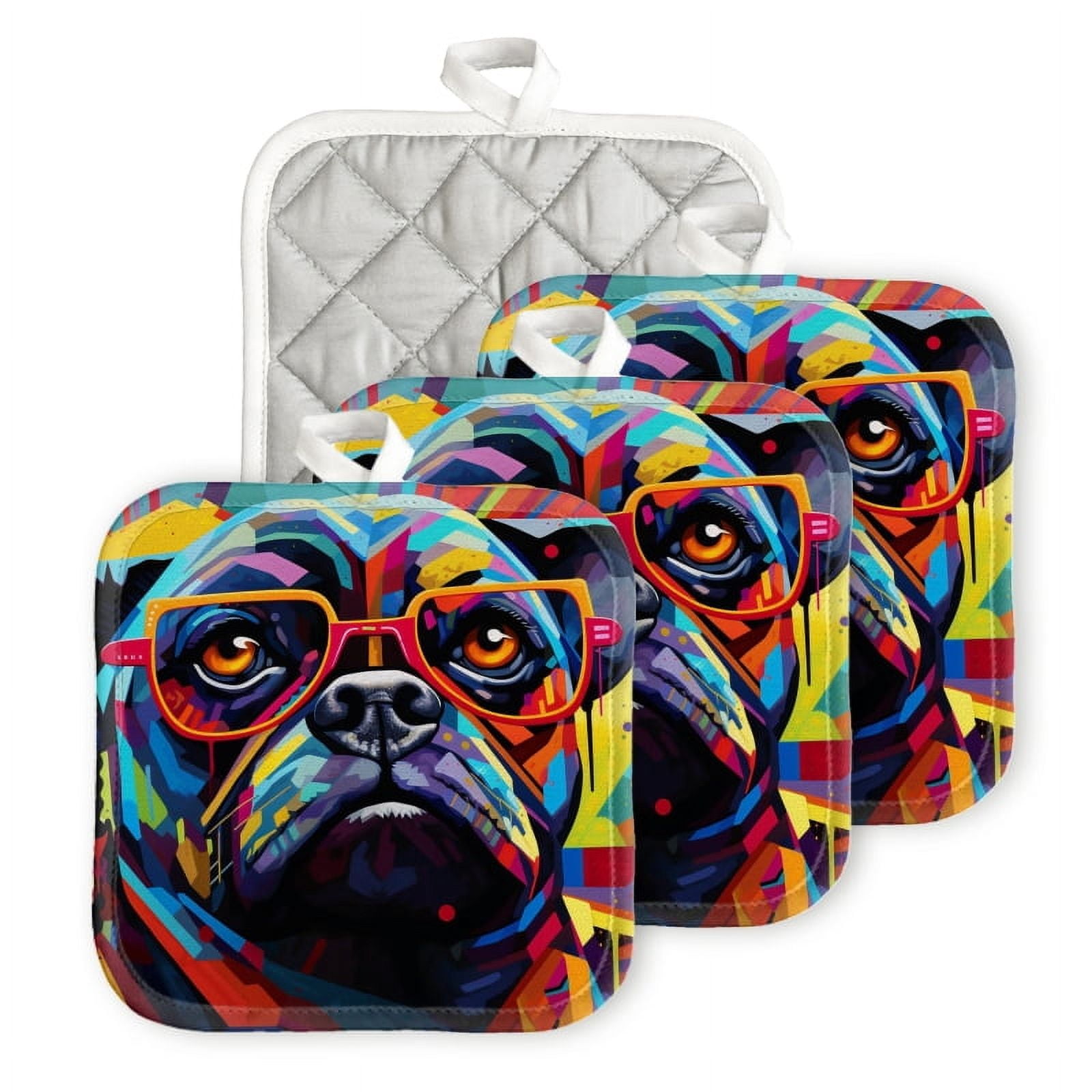 Bahomeck Pot Holder 4Pcs,Colorful Pug Wearing Glasses Square Heat ...