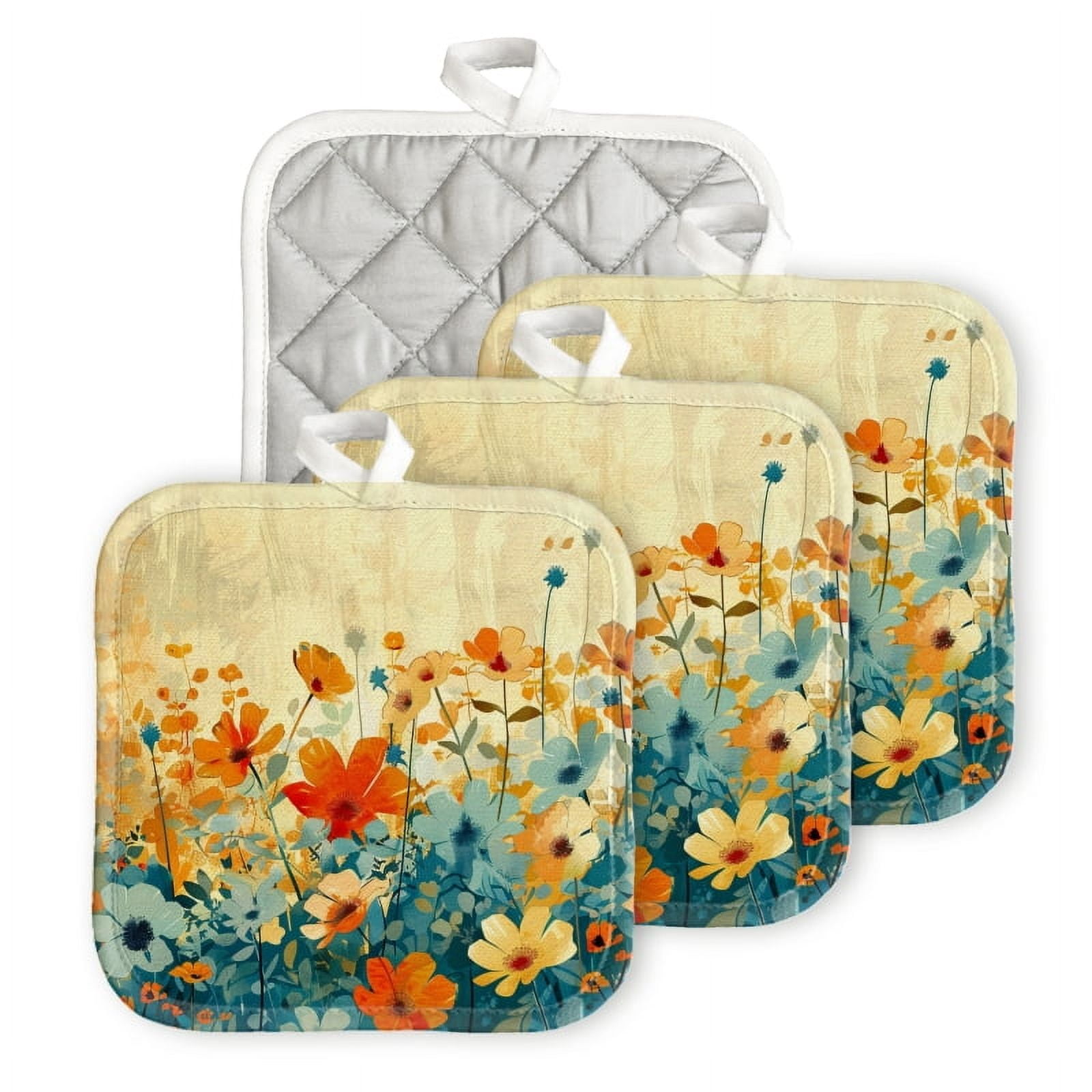 Bahomeck Heat Resistant Hot Pads 4 Pack Floral Field With Soft Orange ...