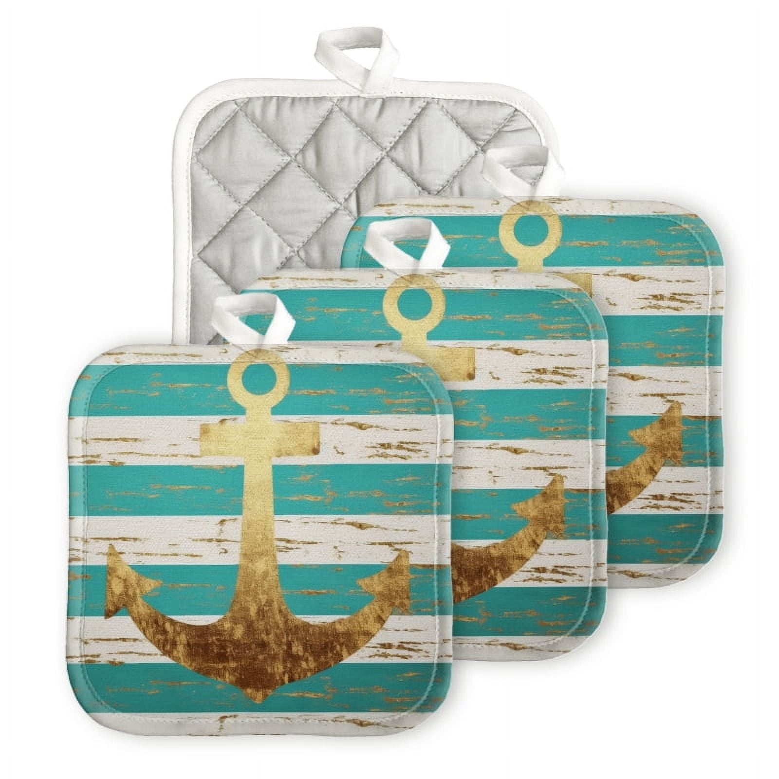 Bahomeck Pot Holder 4Pcs,Golden Nautical Anchor On White Striped ...