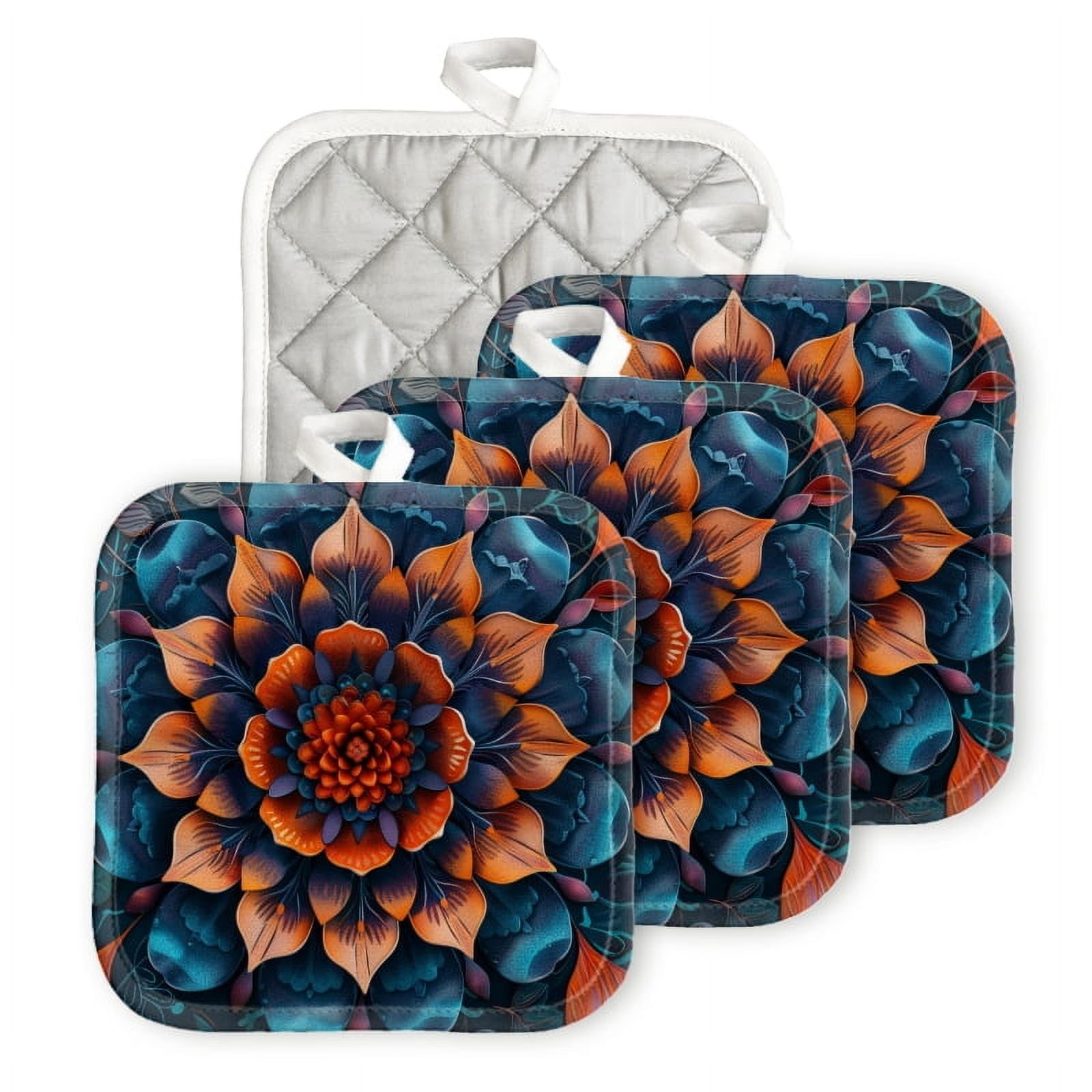 Bahomeck Pot Holder 4Pcs,Mandala Made Of Vibrant Orange And Blue Leaves ...