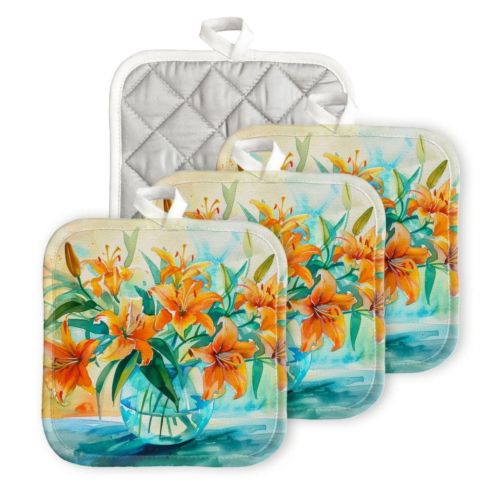 Bahomeck Heat Resistant Hot Pads 4 Pack Orange Lilies In Glass Vase On ...