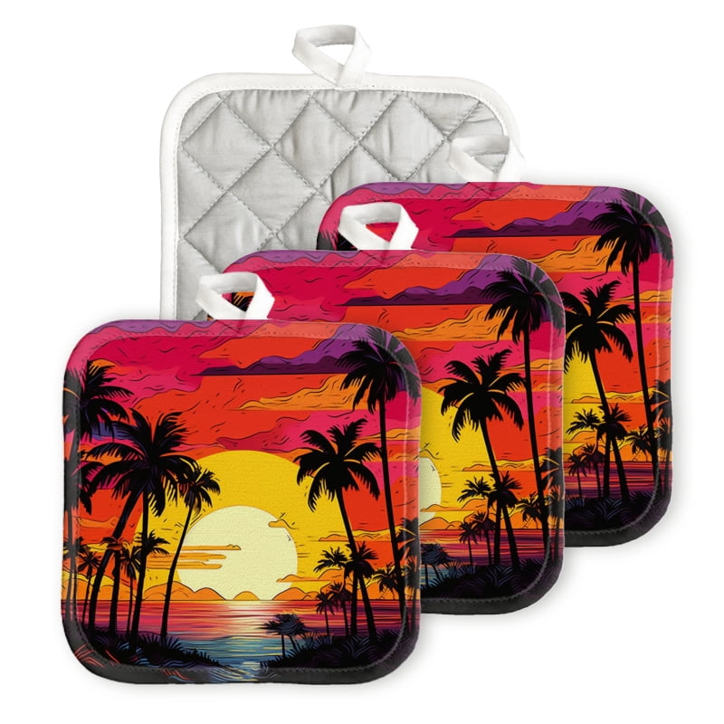 Bahomeck Heat Resistant Hot Pads 4 Pack Sunset On The Beach With Palm ...