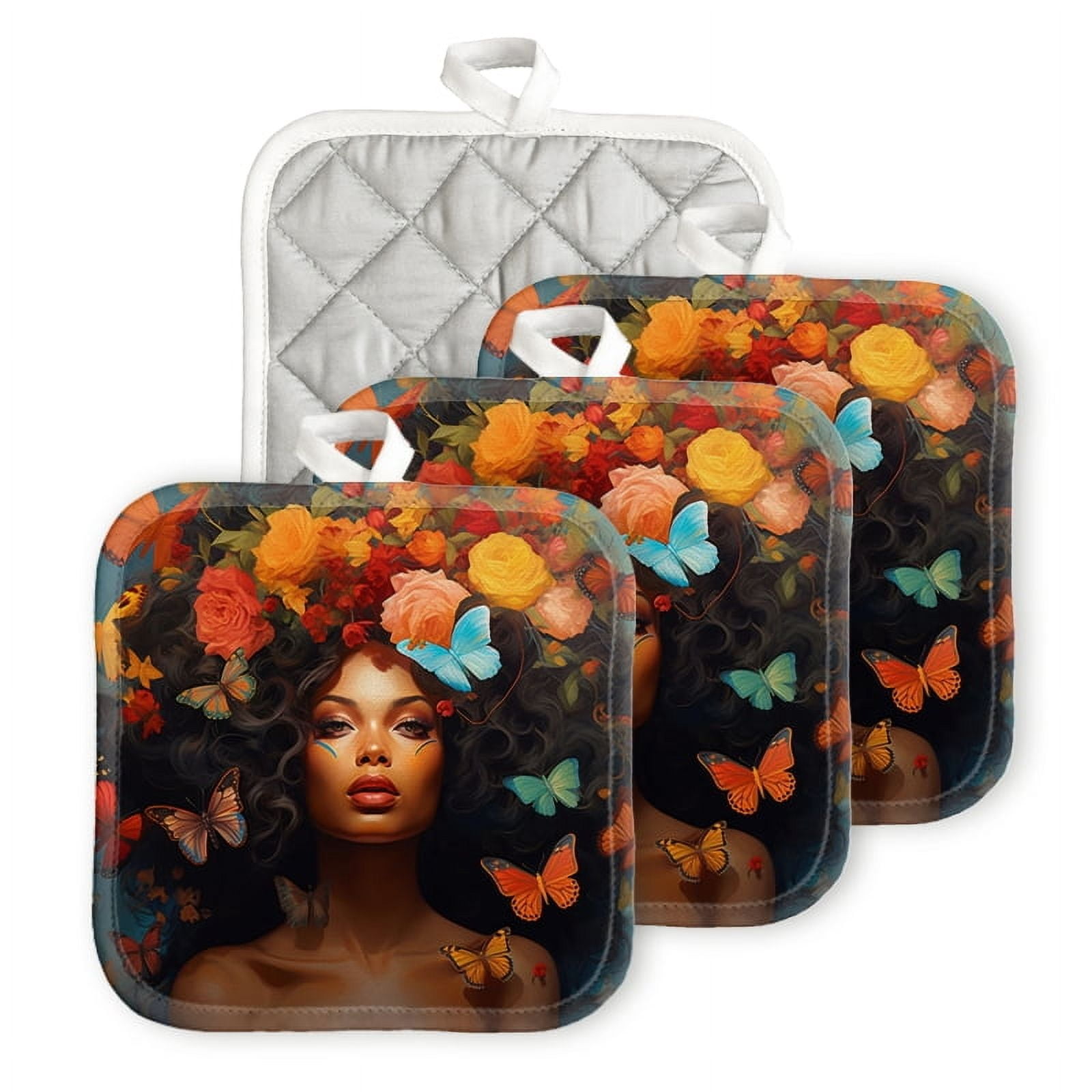 Bahomeck Pot Holder 4Pcs,Beautiful Black Woman With Curly Hair ...