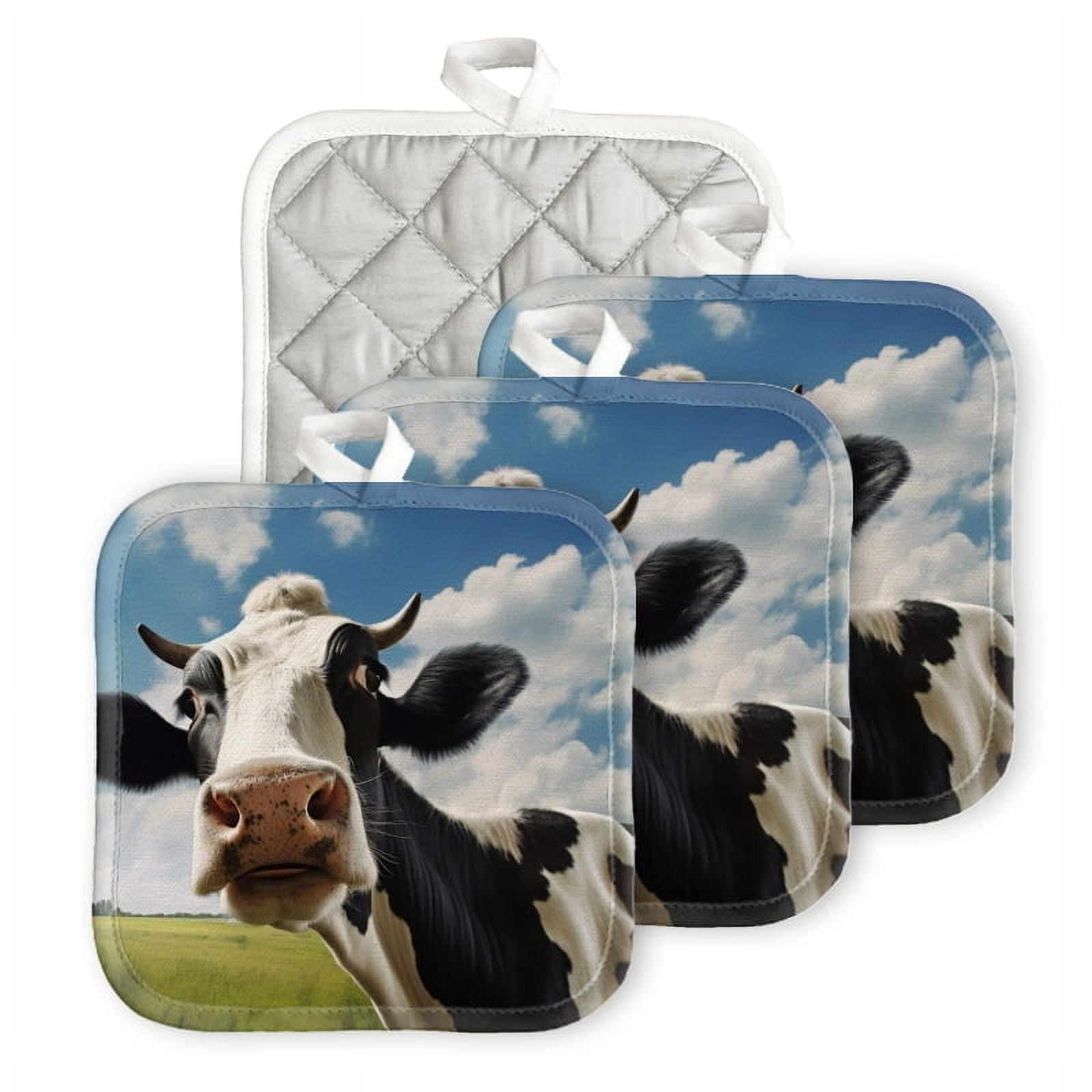 Bahomeck Pot Holder 4Pcs,Black And White Cow With Big Eyes On Green ...