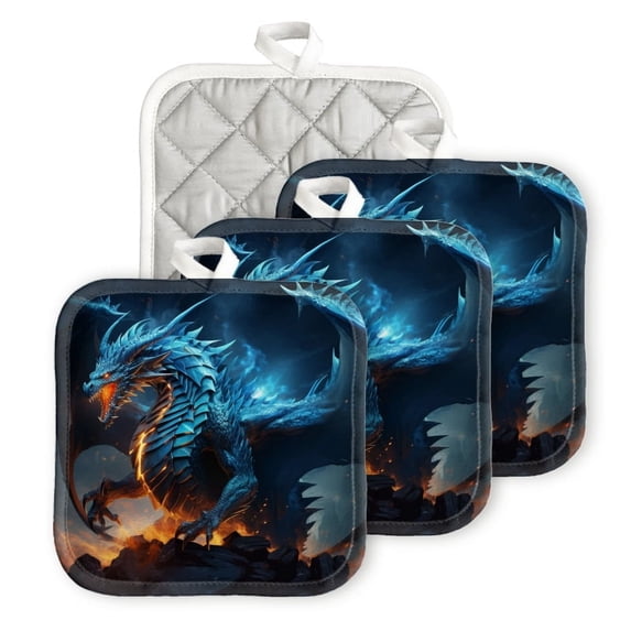 Bahomeck Pot Holder 4Pcs,Blue Dragon With Glowing Wings And Fiery ...